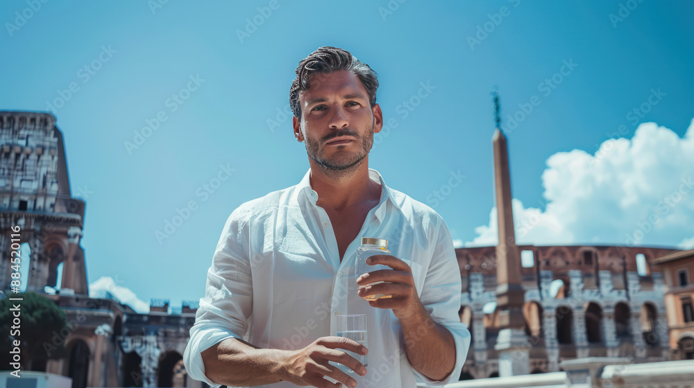 Handsome Italian local man in dress shirt is standing in front of the ...