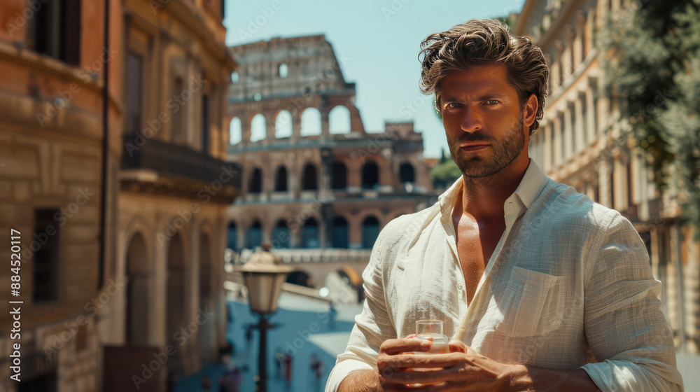 Handsome Italian local man in dress shirt is standing in front of the ...