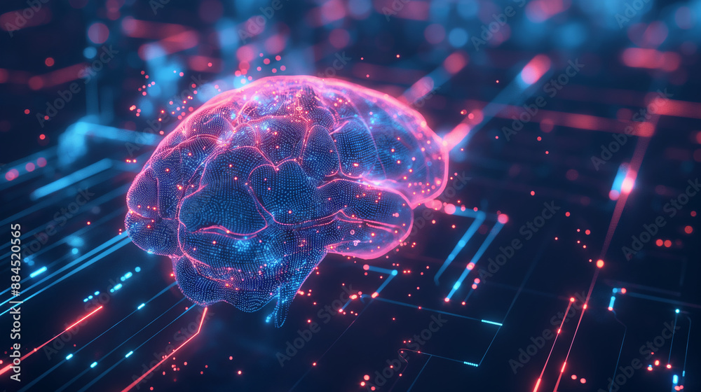 Digital brain composed of neon network lines and data points ...
