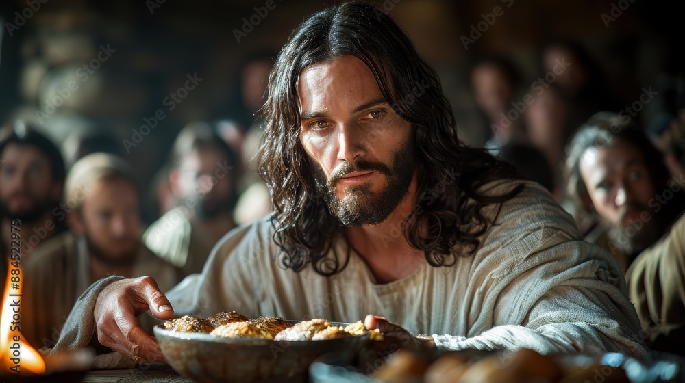 Jesus breaking bread, while the apostles around take their portions, with a sense of fraternity ...