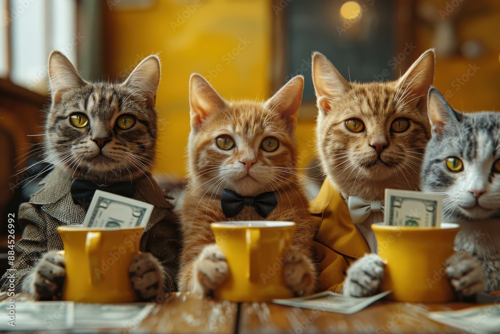 Four elegant cats dressed in formal attire enjoying coffee at a stylish ...