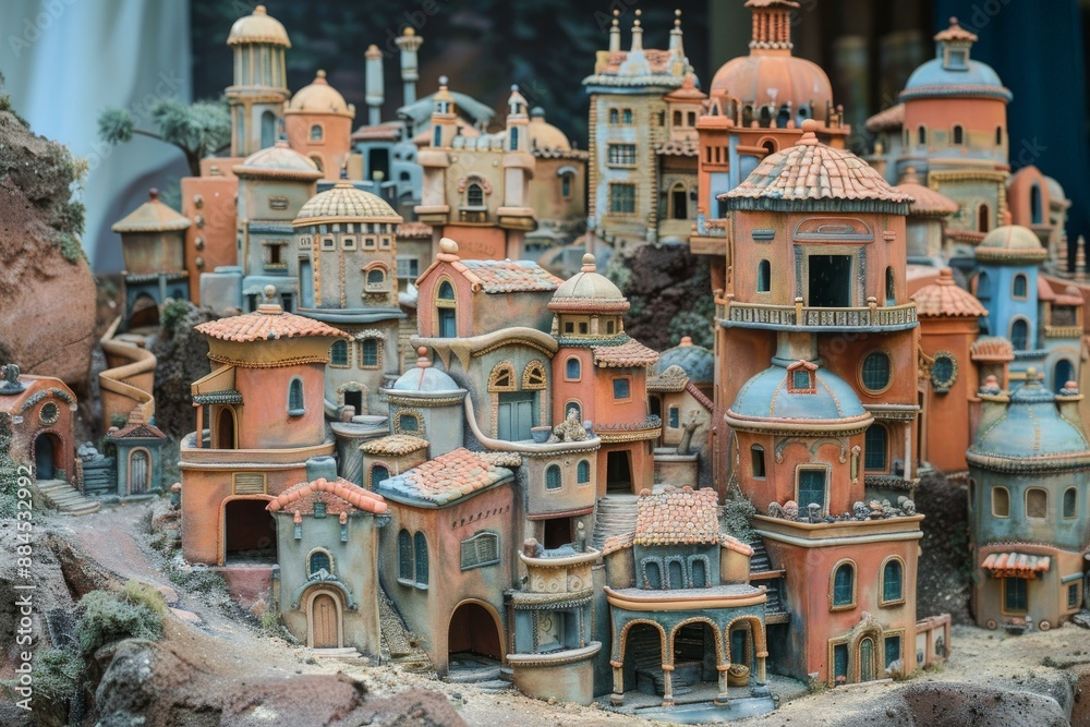 Intricately detailed miniature town made of clay, showcasing various ...