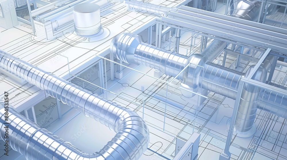 3D illustration blueprint of an architectural ventilation system design ...