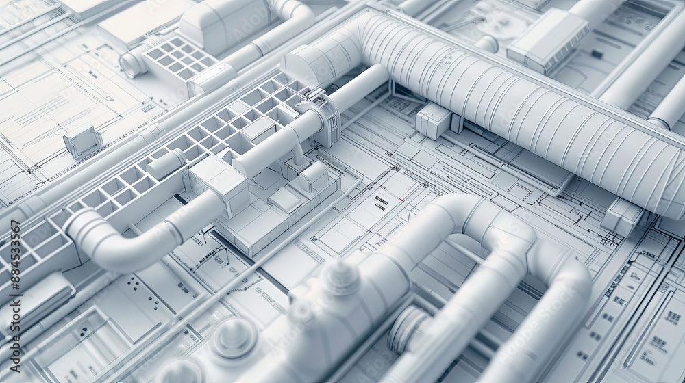 3D illustration blueprint of an architectural ventilation system design ...