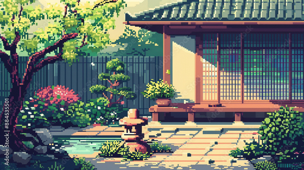 2d pixel art of japanese house with zen garden, japanese garden ...