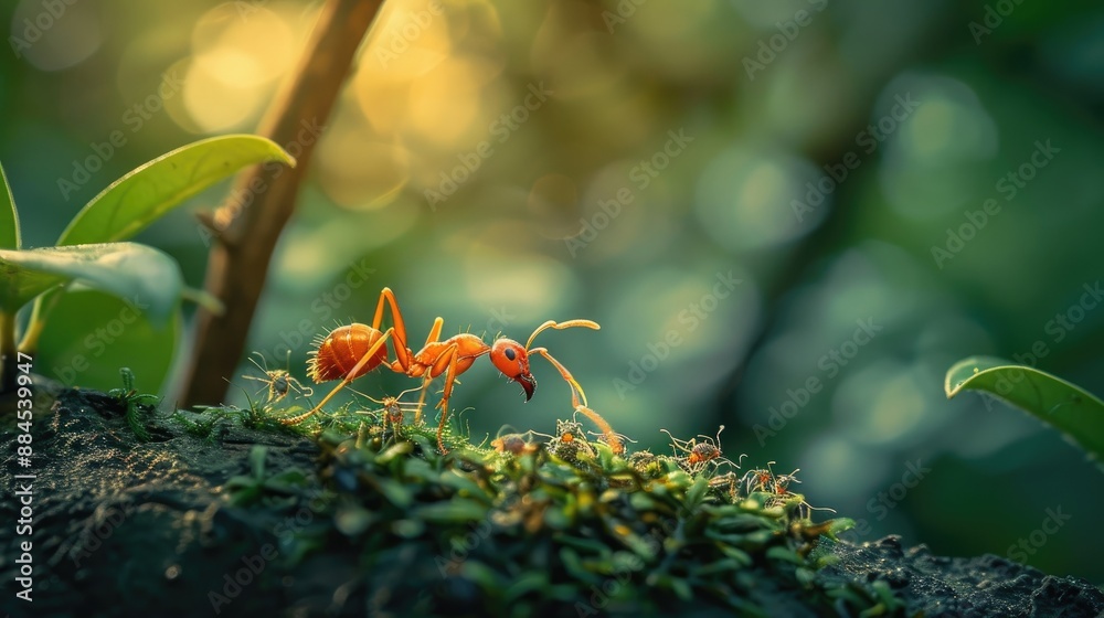 Ant exploring green board in forest for food and aphids displaying ...