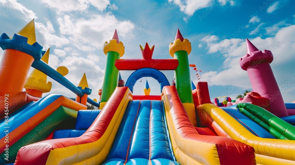 Vibrant bounce house with slides and castle turrets against blue sky ...