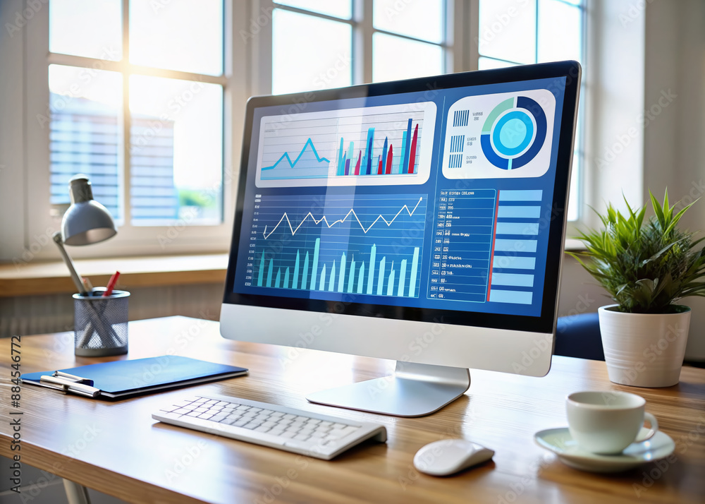 Modern digital health dashboard on a computer screen displaying real-time patient data, charts ...