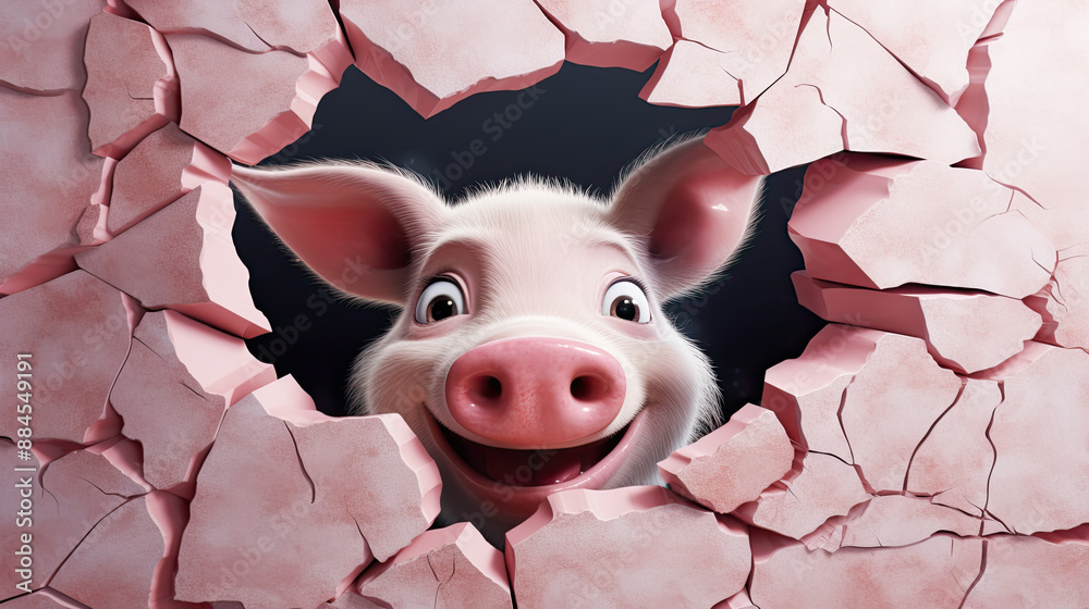 generated illustration of cute baby pig peeking out of a hole in wall ...