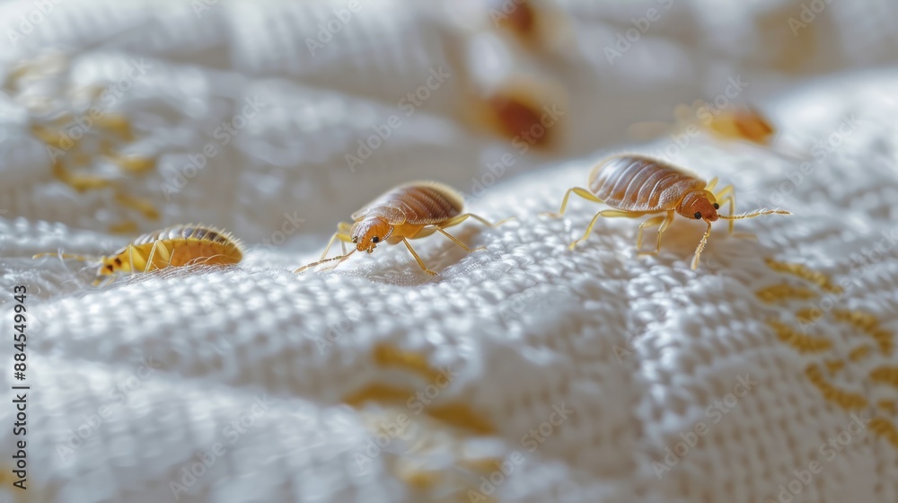 Bed bugs on a mattress seam, detailed shot showing the insects, bright ...