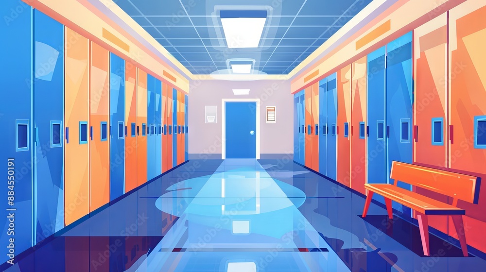 In this illustration, you can see a modern school hall with lockers, a ...