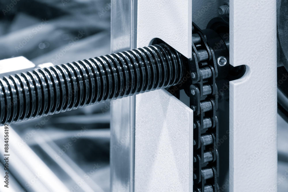 Gear chain drive shaft in conveyor belt is on production line. Timing ...