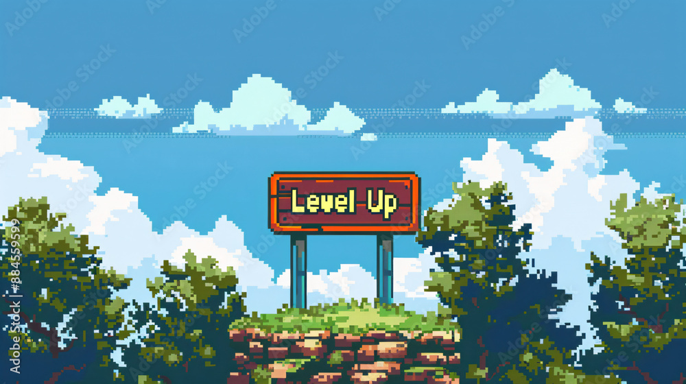 Pixel Art Level Up Sign in Landscape. ilustración de Stock | Adobe Stock
