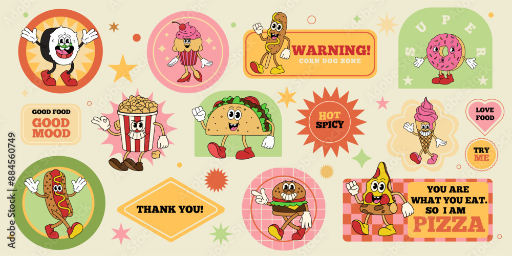 Sticker food character. Cafe label. Taco and ice cream mascots. Groovy ...