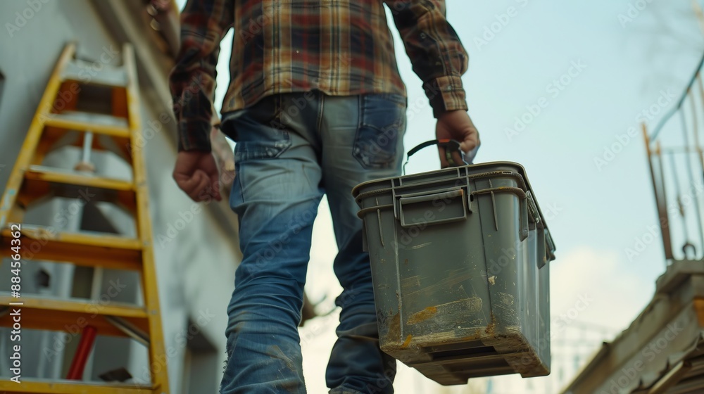 A worker walks through a construction site carrying a gray toolbox ...