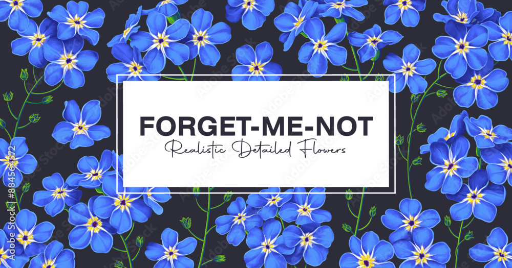 Horizontal botanical design. Blue forget-me-not flowers hand-drawn with ...