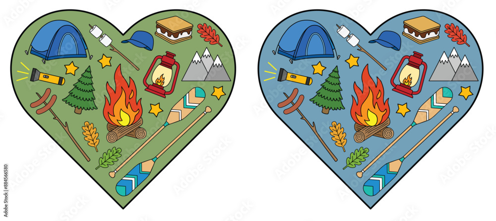 Cartoon Camping Heart Illustration Clipart with Canoe Paddles, Smores ...