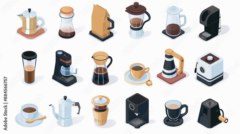 An isometric view illustrating a diverse set of coffee brewing ...