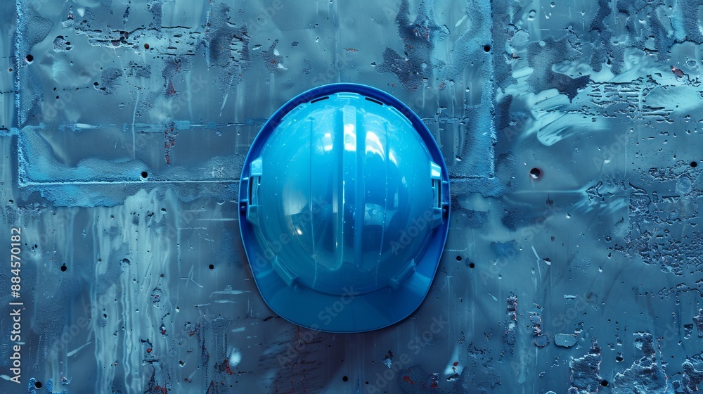 Blue construction helmet resting on a textured concrete wall, showing ...