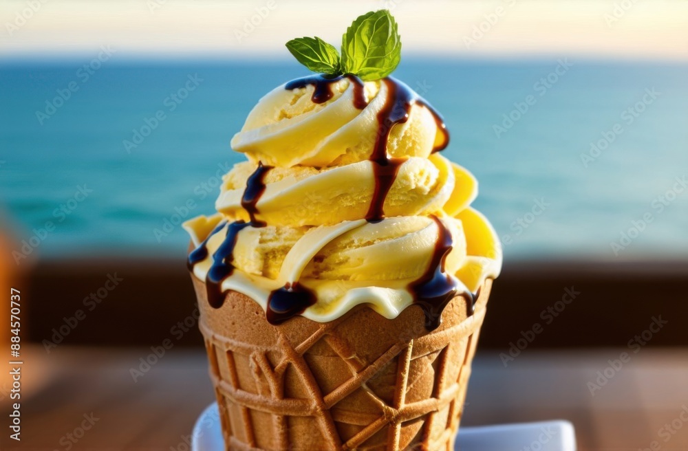 curl of pastel yellow ice cream with banana pieces, basil leaf and ...