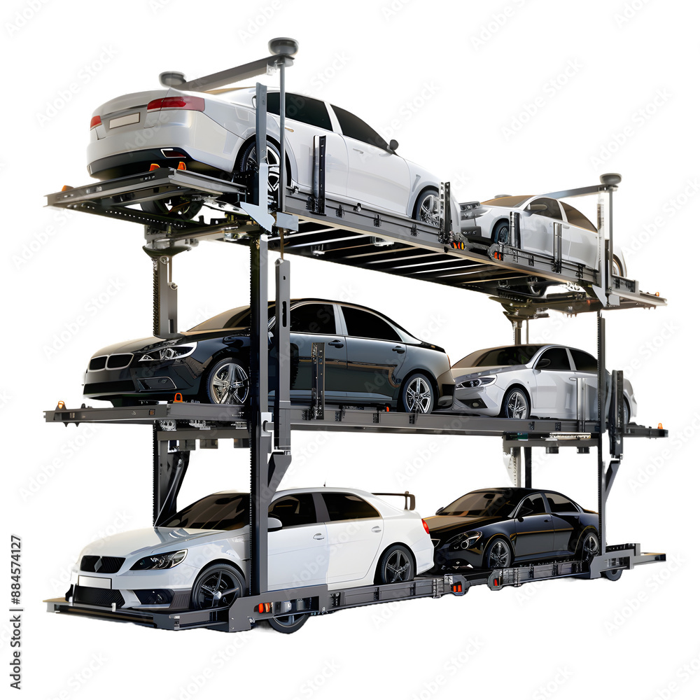 Multi-level car transport trailer loaded with various cars isolated on ...