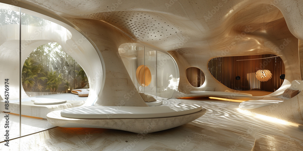 Beautiful modern Futuristic bionic forms architecture. Indoor space ...