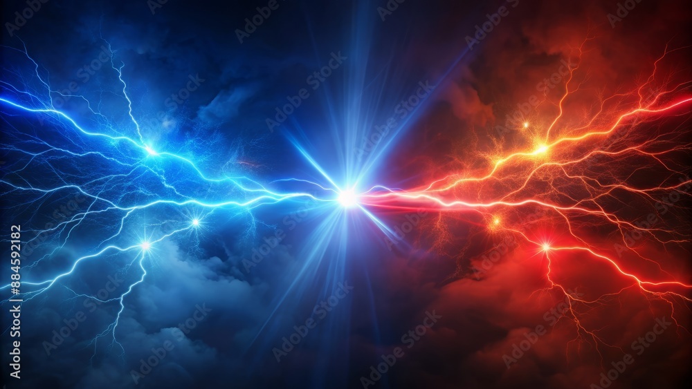 Dramatic red and blue lights juxtaposed against a dark background ...