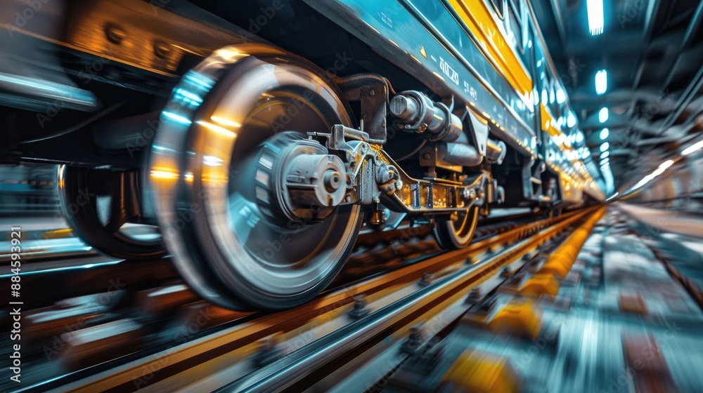 Detailed view of the underside of a train's wheels and machinery ...