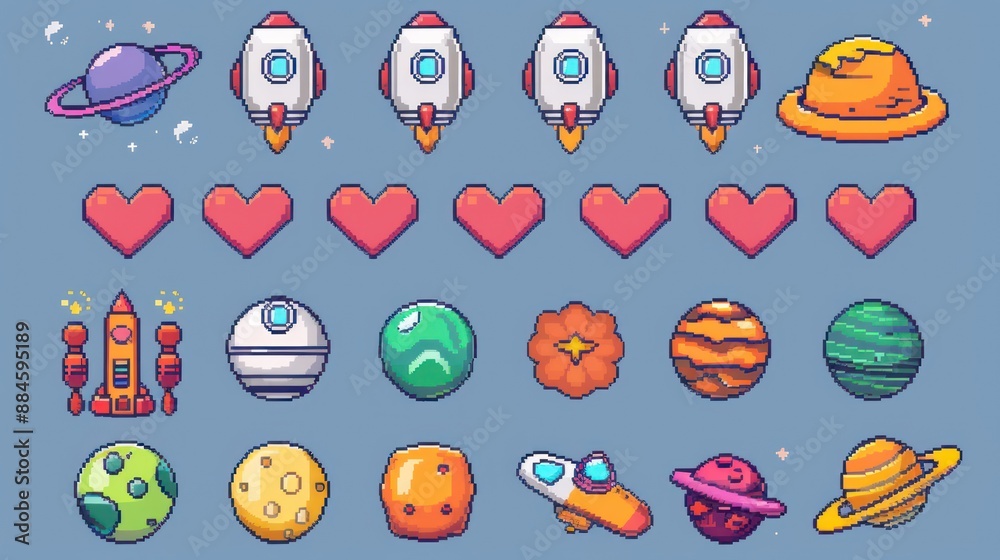 Pixel Art Space Game Assets Stock Illustration | Adobe Stock