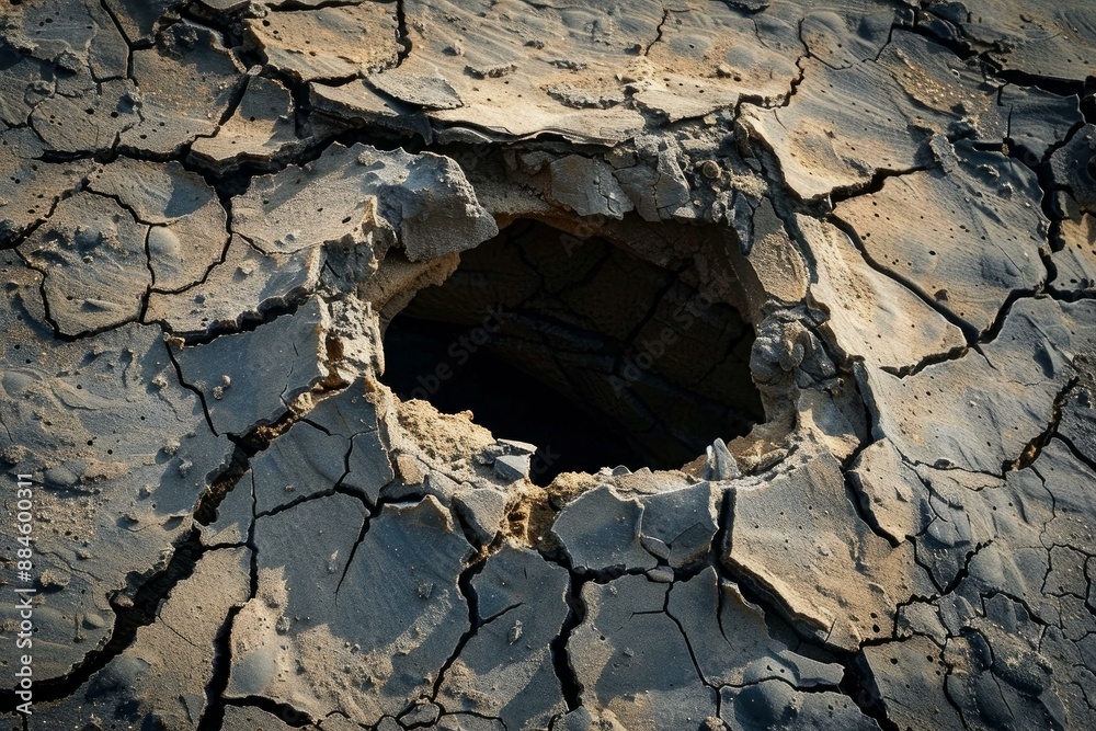 Textured cracked soil with a deep sinkhole, symbolizing drought and ...