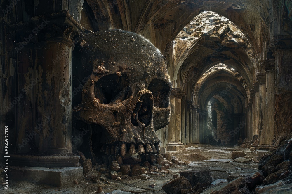 Evocative image of a large skull in the decaying corridor of a medieval ...