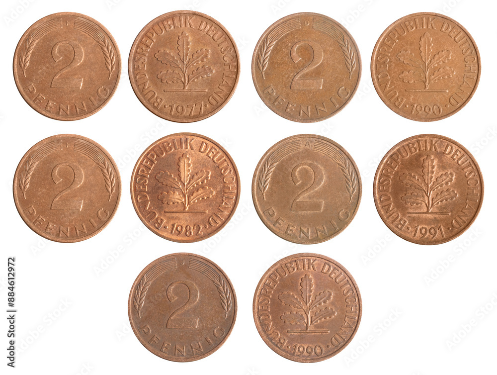 Isolated png photo of 2 German various years pfennig copper plated ...