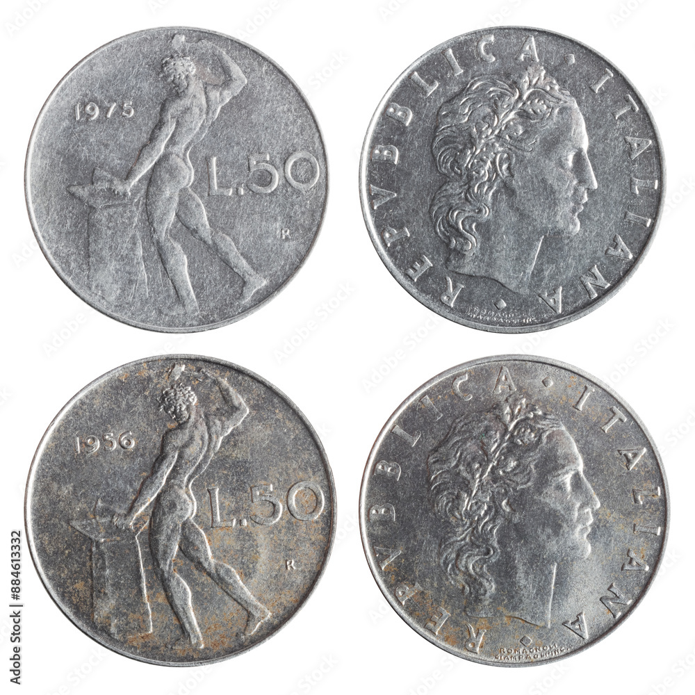 Isolated png photo of 50 Italian 1956 and 1975 lire stainless steel ...
