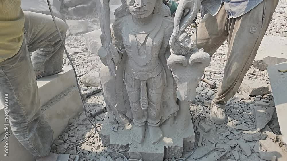 Indian Stone Carving Artists Creating Hindu God Statue Of Stone ...