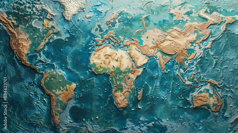 A detailed and engaging physical world map showcasing various oceans ...
