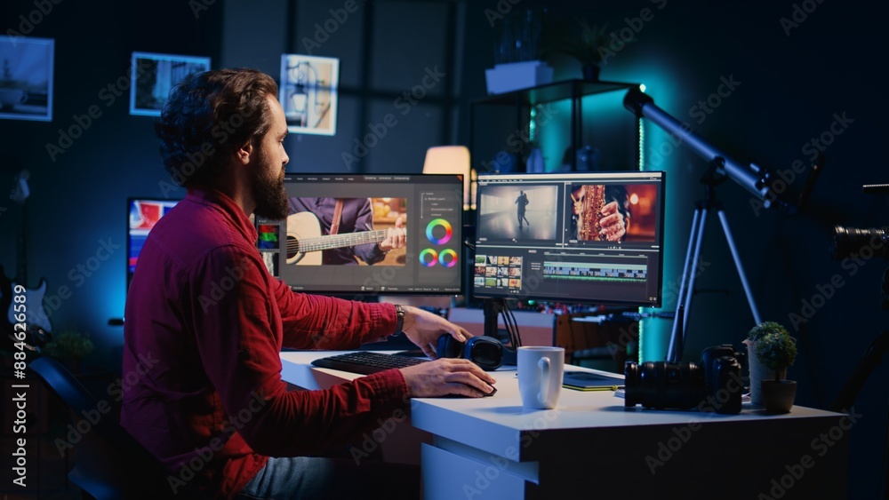 Videographer starting work on create visual effects for video projects ...