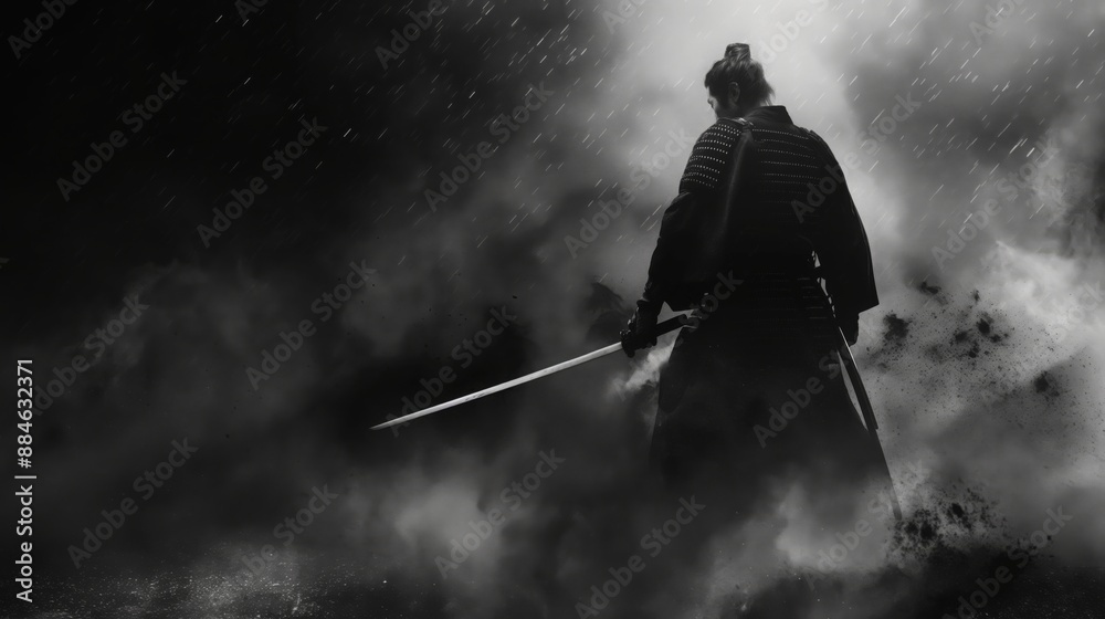 Foto de Ronin Warrior Miyamoto Musashi Standing in Smoke with Sword in ...