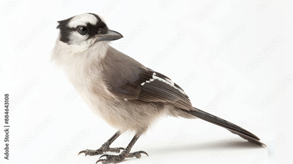 Majestic gray jay bird perched elegantly against a white backdrop ...