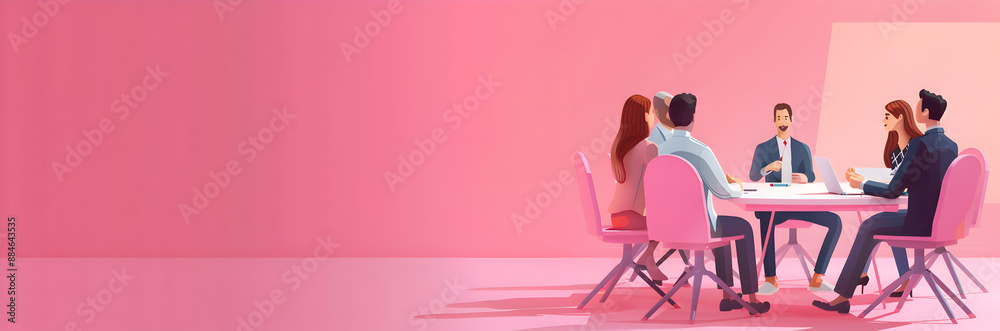 Cartoon office meeting web banner. Characters in office meeting on pink ...