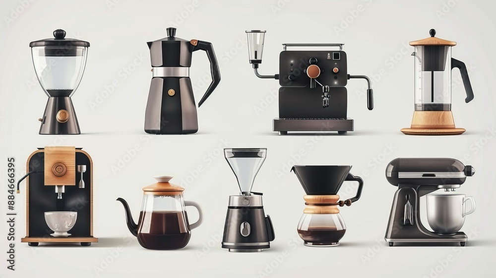 Eight different coffee making devices including espresso machines ...