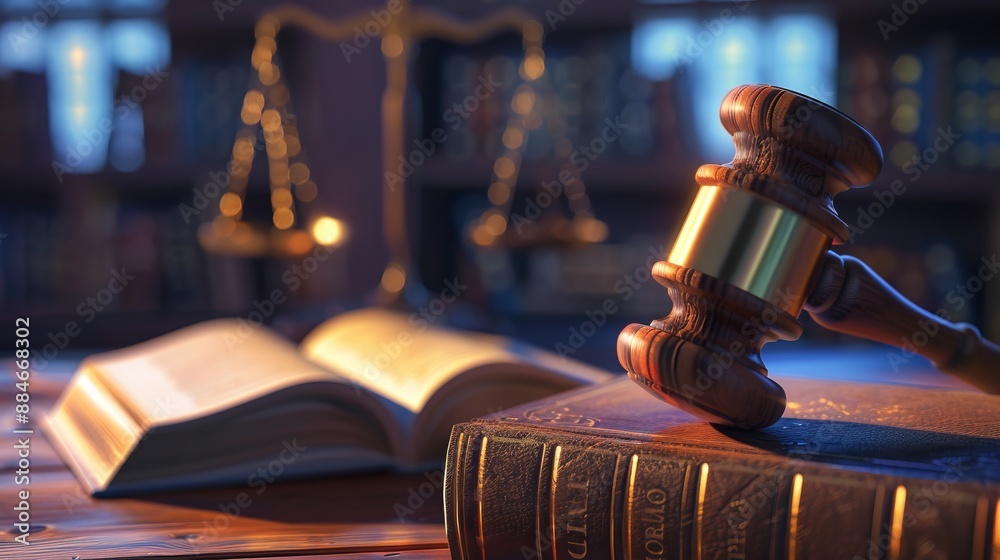 The image features a gavel, an open law book, and unbalanced scales of ...