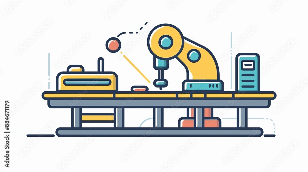 A colorful cartoon illustration of a robotic assembly line, showing ...