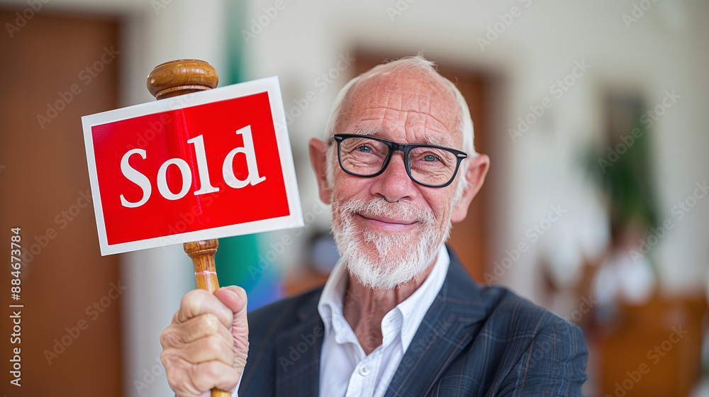auctioneer holding a gavel in one hand and a "Sold" sign Stock ...
