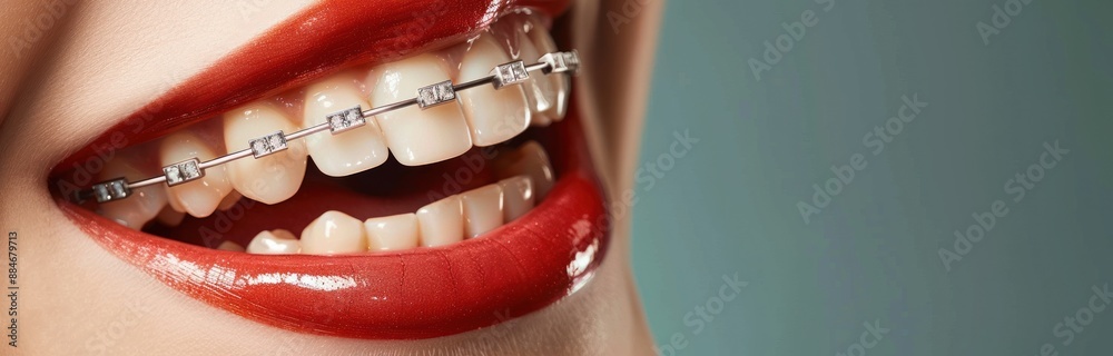 Perfect smile: orthodontic bracket or brace, highlighting dental ...