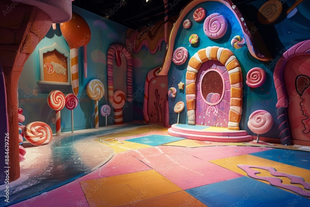 An empty stage set in a whimsical candy land, with a floor made of ...