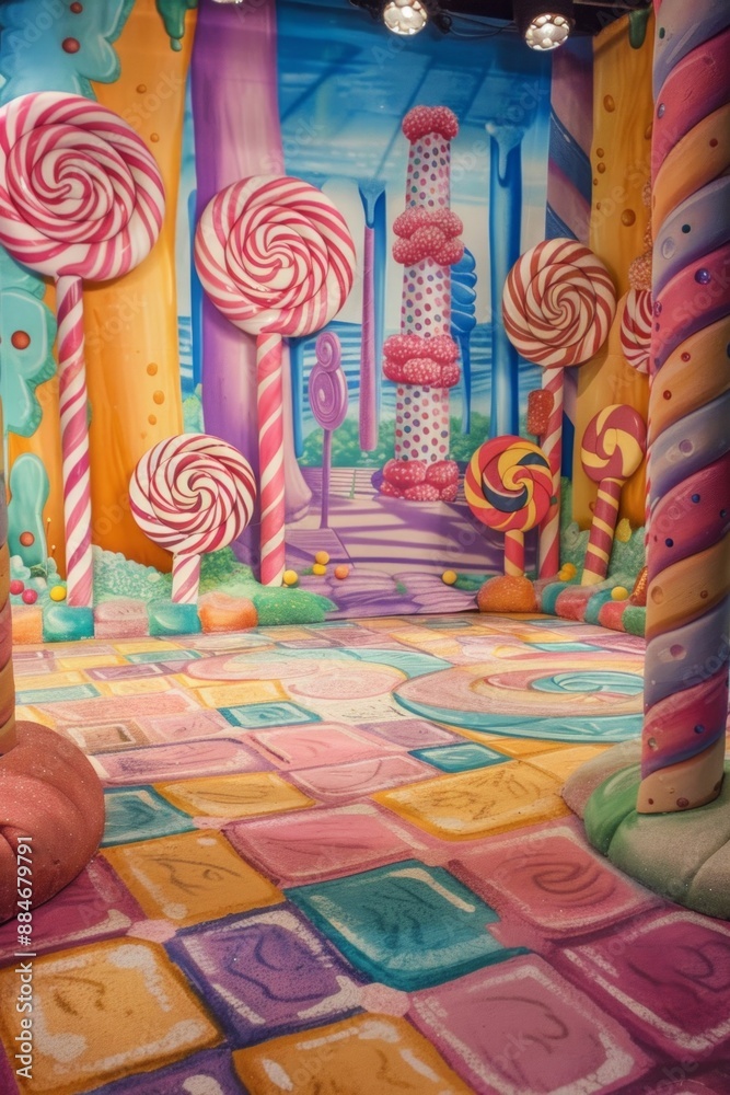An empty stage set in a whimsical candy land, with a floor made of ...