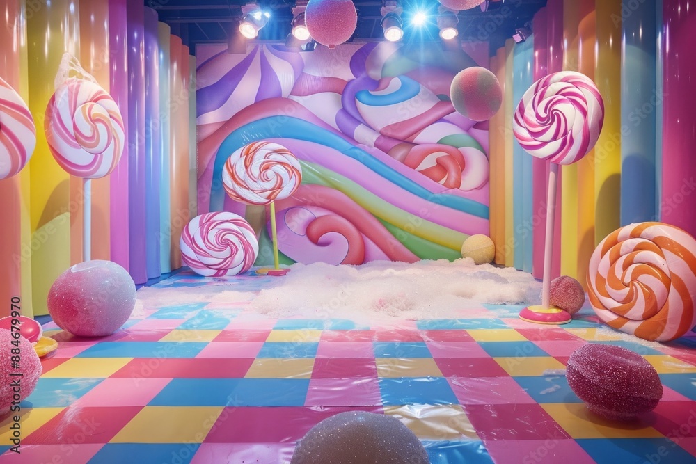 An empty stage set in a whimsical candy land, with a floor made of ...