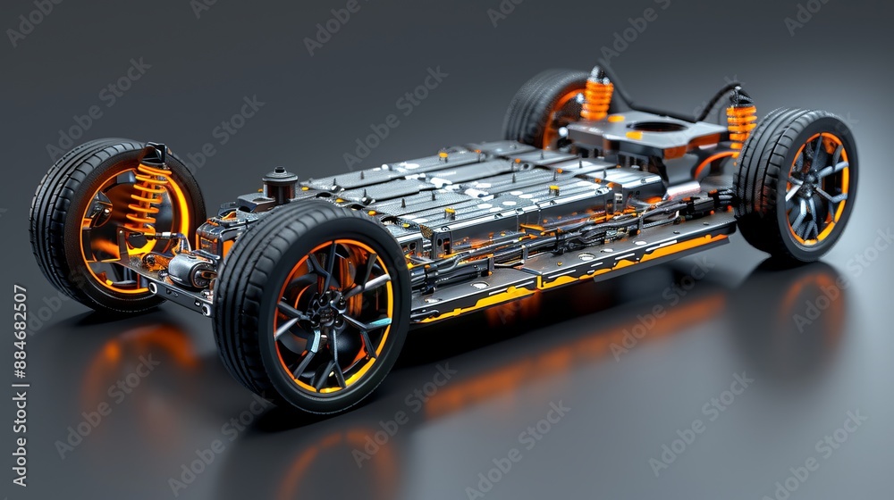Electric car chassis with battery pack and wheels, highlighted in ...