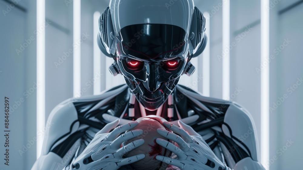 Futuristic humanoid robot with glowing red eyes holding a glowing orb ...