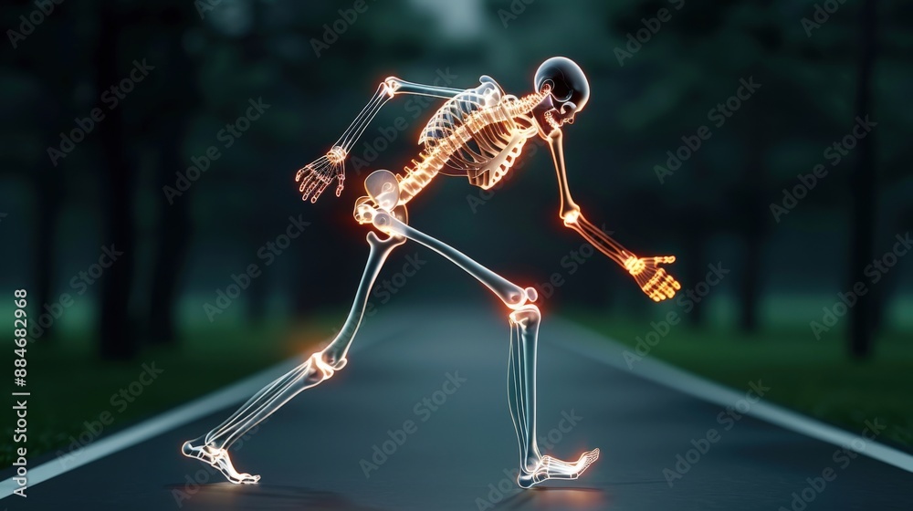 X-ray image of a human skeletal system in walking motion on a road ...